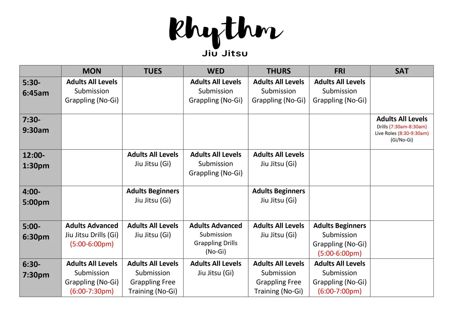 Timetable — Rhythm Jiu Jitsu