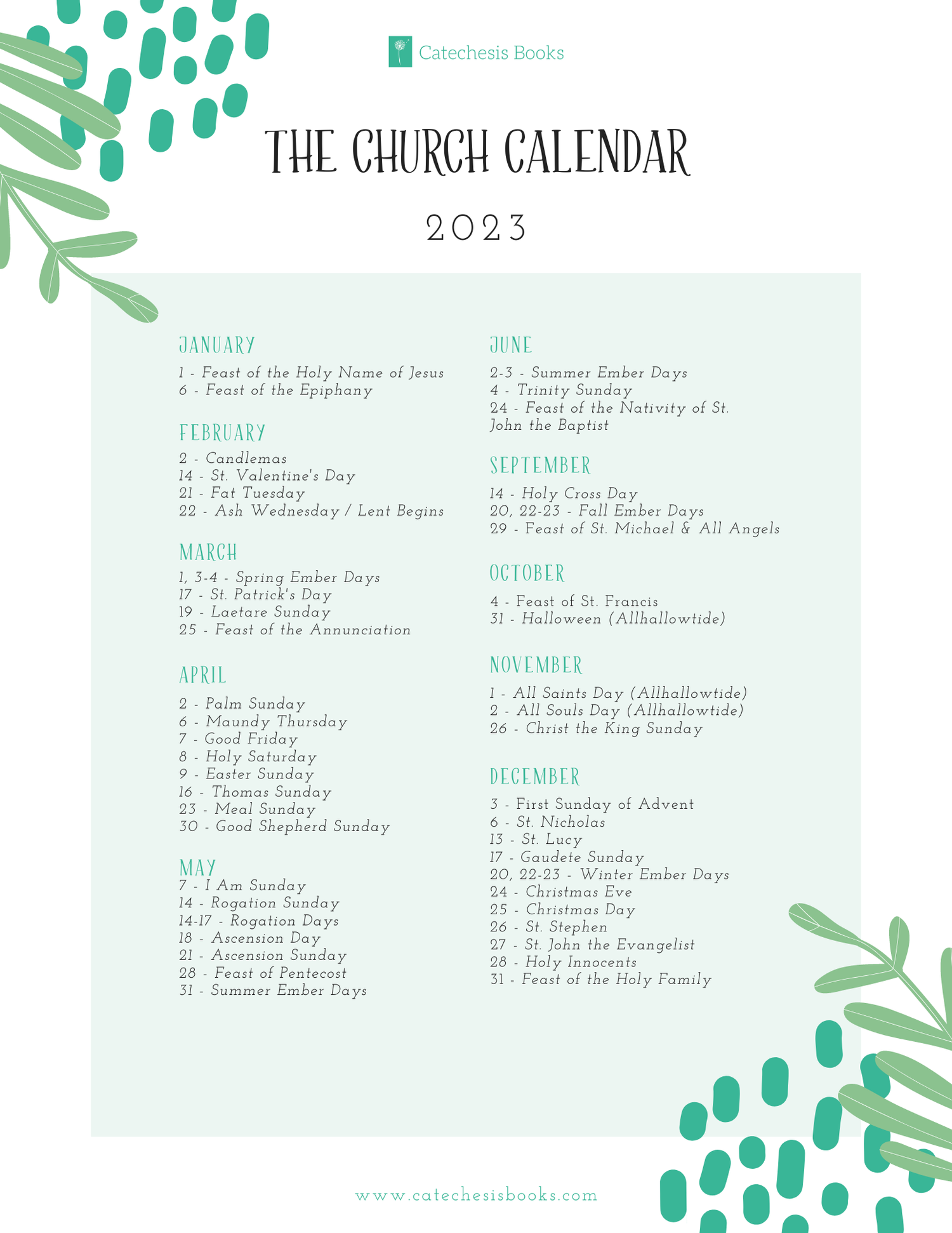Printable 2023 Liturgical Calendar — Catechesis Books