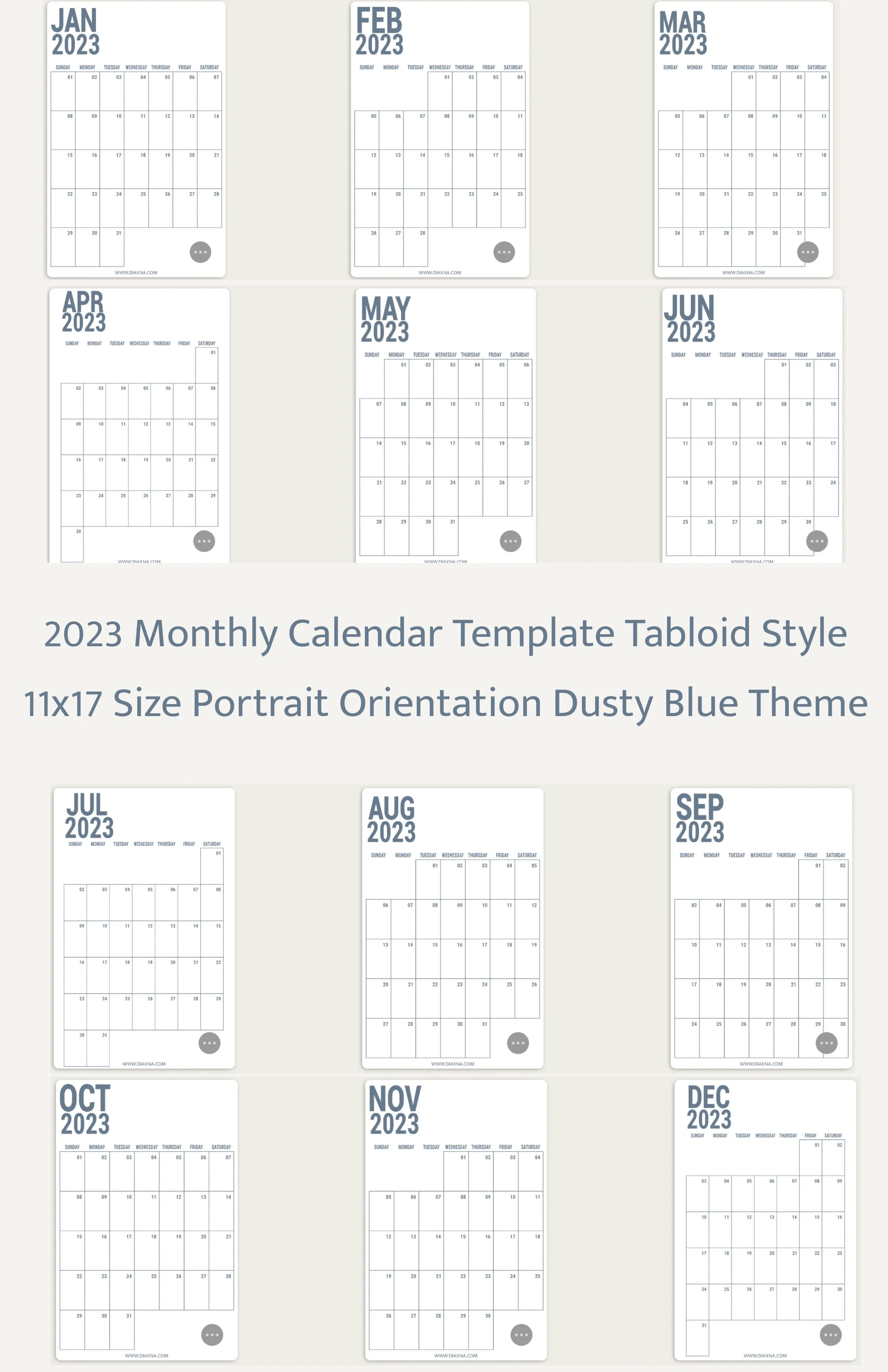 2023 Monthly Calendar Template Tabloid Style 11x17 Size Portait ...