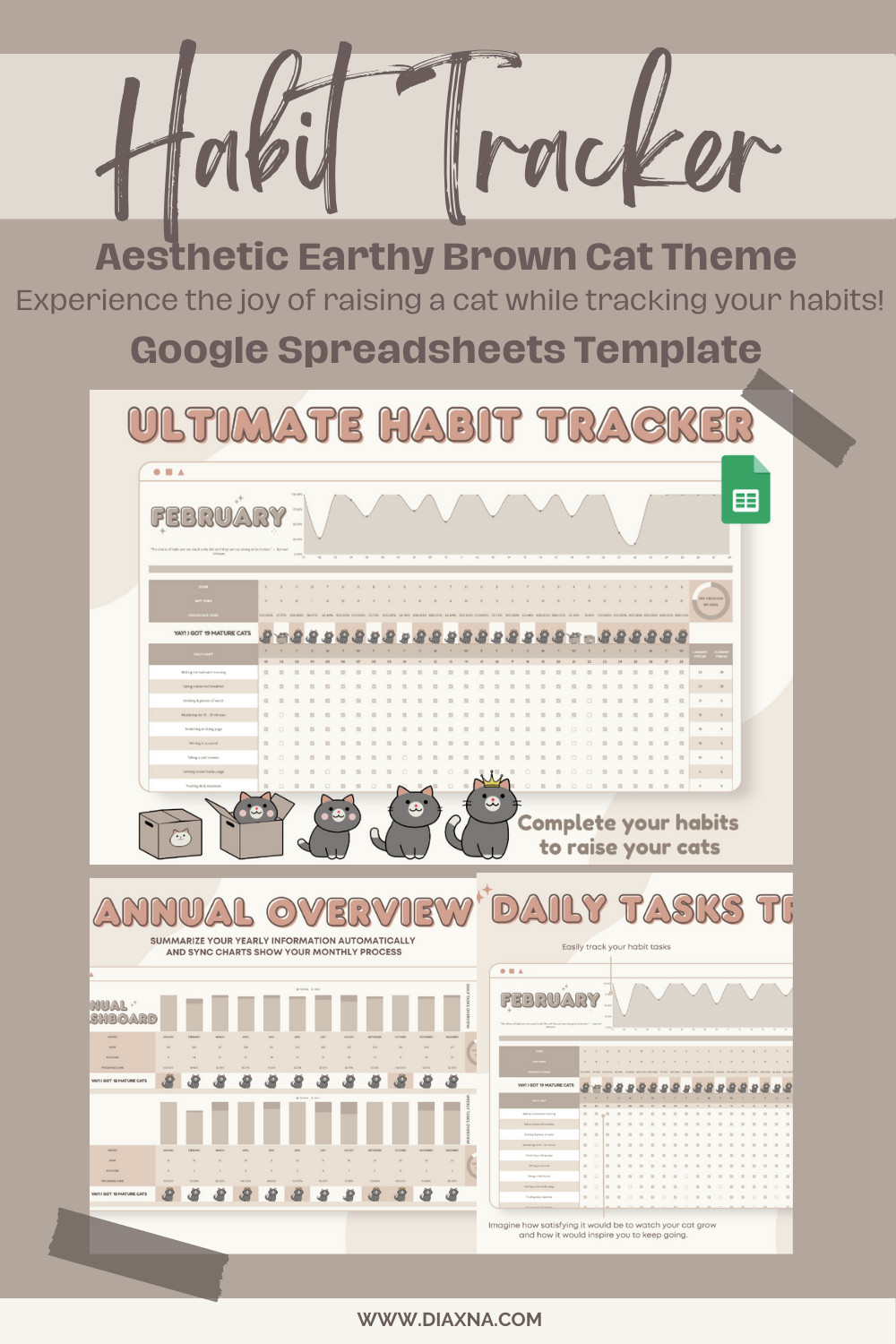 Aesthetic Interactive Earthy Brown Cute Cat Theme Habit Tracker Google ...