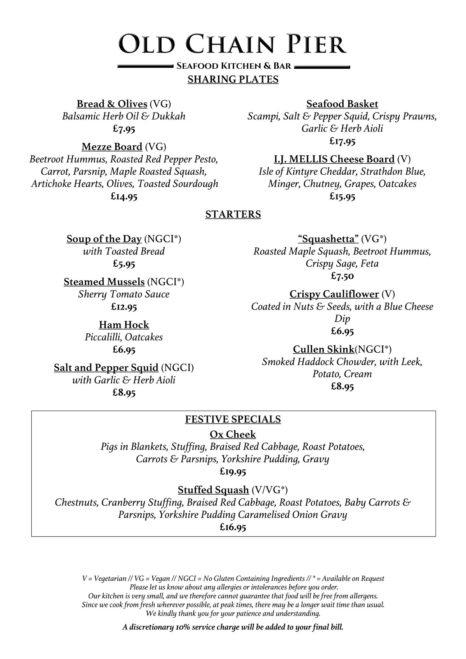 Old Chain Pier/FESTIVE MENU - 4th December 2023 until 7th January 2024
