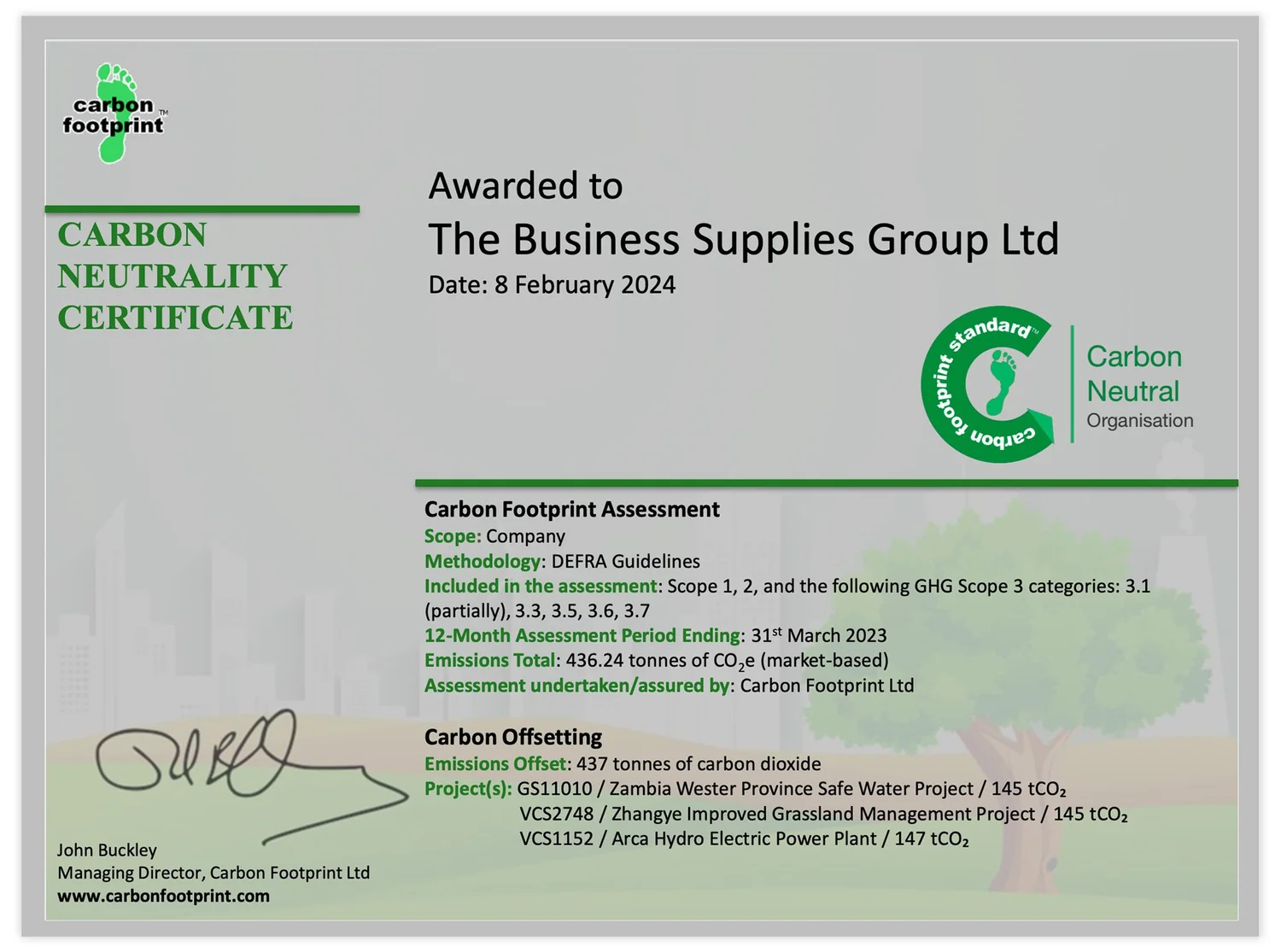 Carbon Neutrality Certificate — The Business Supplies Group