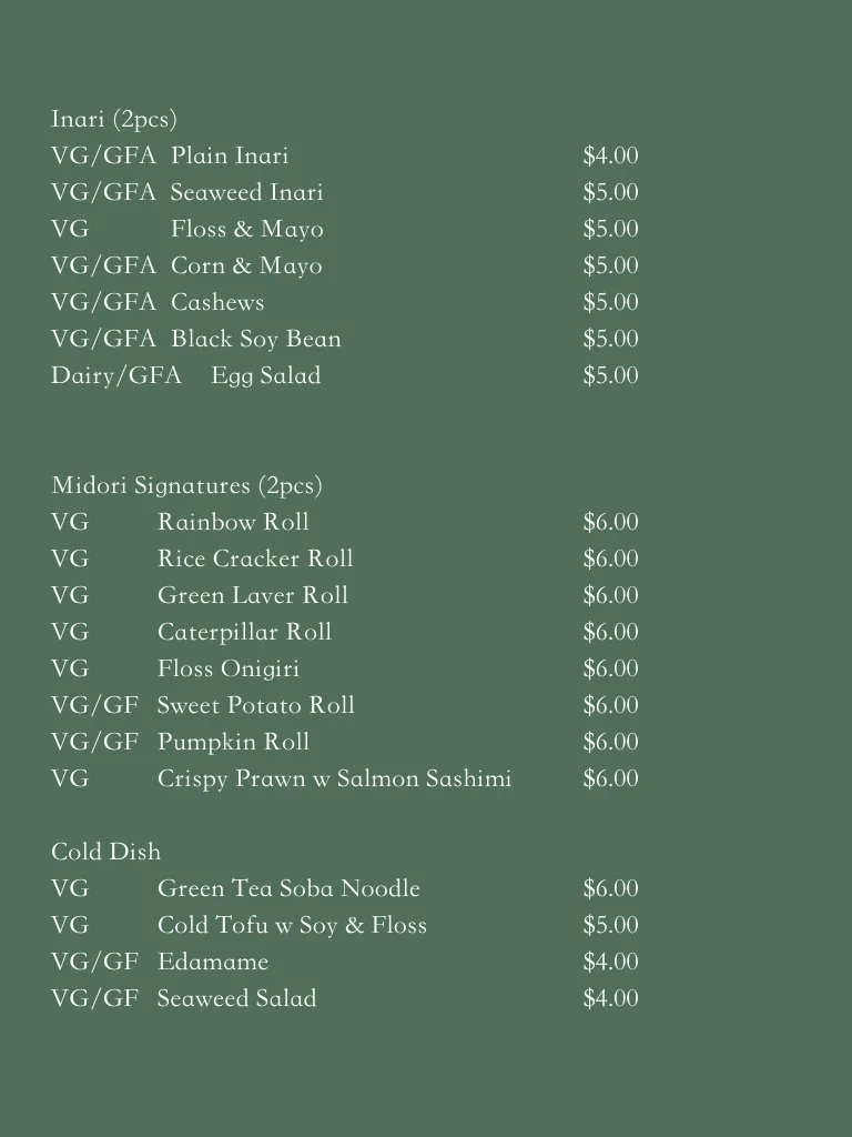 Sushi Train Menu — Midori by Tao's