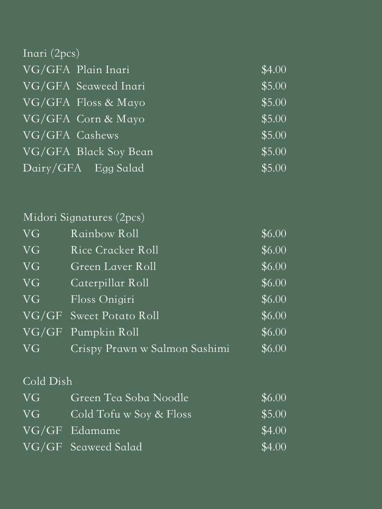 Sushi Train Menu — Midori by Tao's