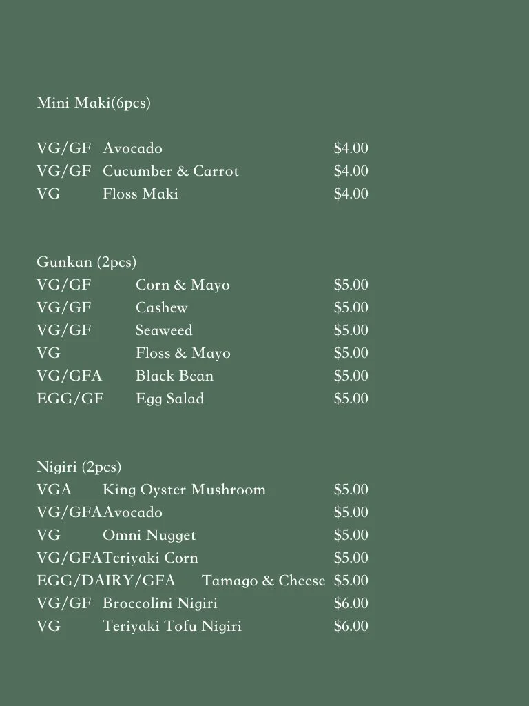 Sushi Train Menu — Midori by Tao's