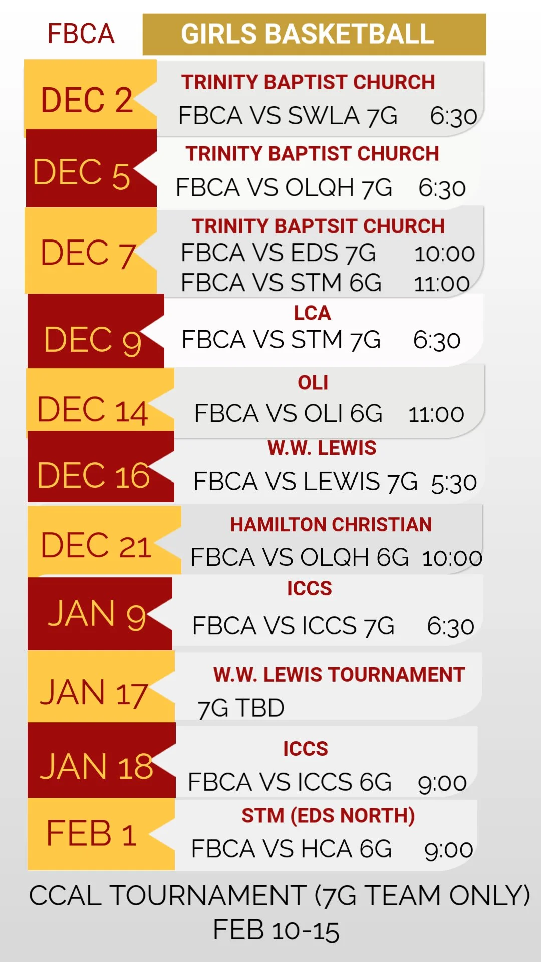 Athletic Schedules — FBCA Moss Bluff