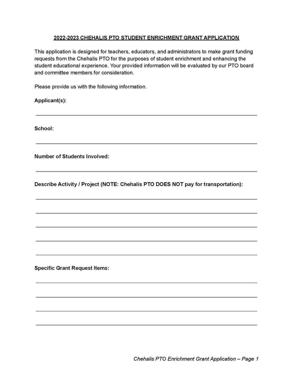 Grant Requests — Chehalis PTO