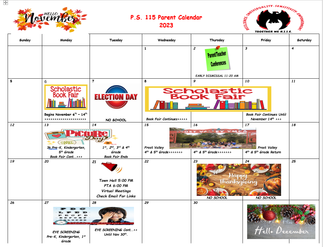 Calendar & Events — PS 115