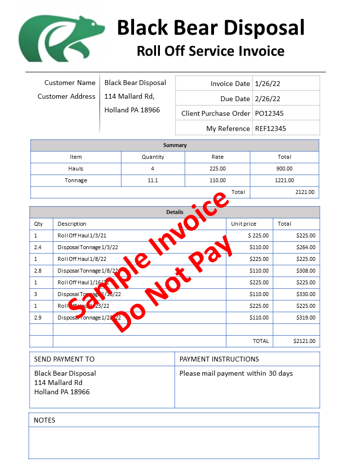 Roll off Sample Invoice — Black Bear Disposal