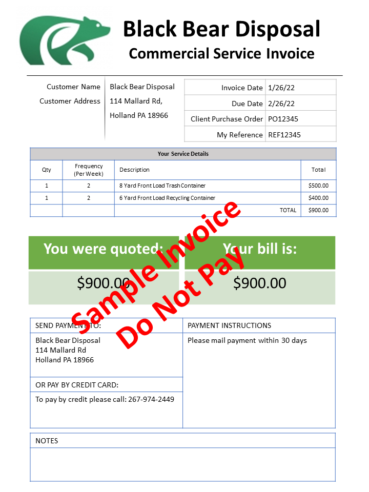 Commercial Dumpster Service Sample Invoice — Black Bear Disposal