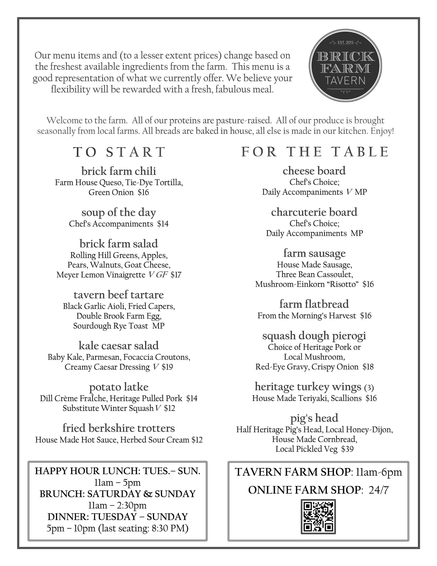 Menu 1 — B r i c k F a r m T a v e r n