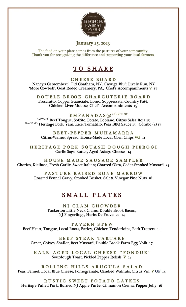 Today's Dinner Menu — B r i c k F a r m T a v e r n