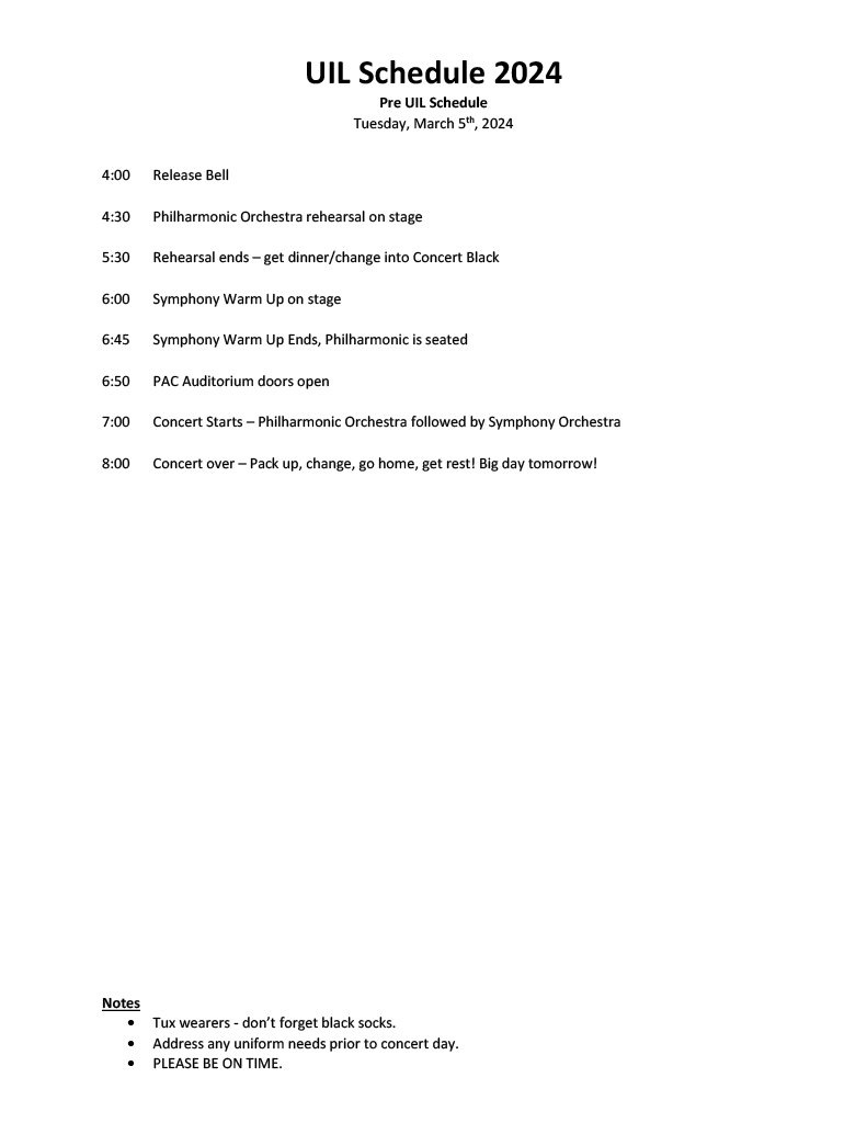 Pre-UIL Concert & UIL Info — OHS Broncho Orchestra