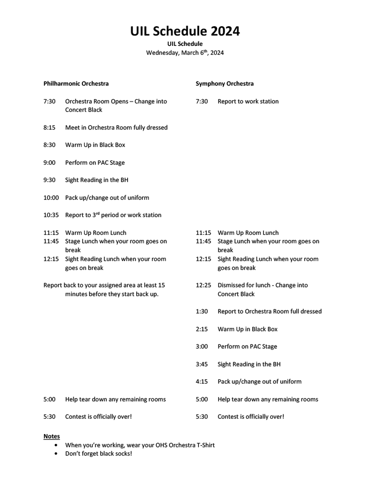 Pre-UIL Concert & UIL Info — OHS Broncho Orchestra