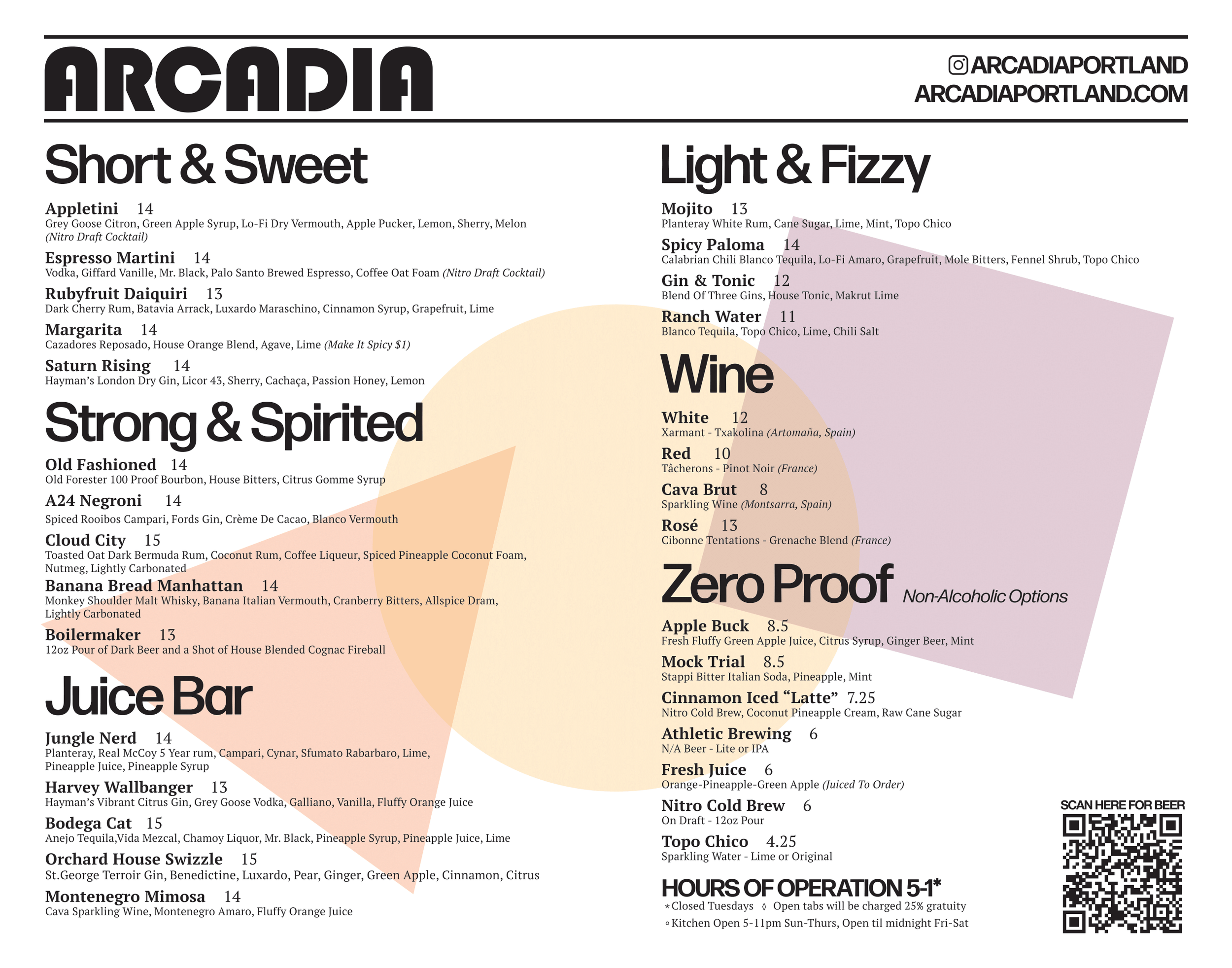 Cocktail Menu — Arcadia