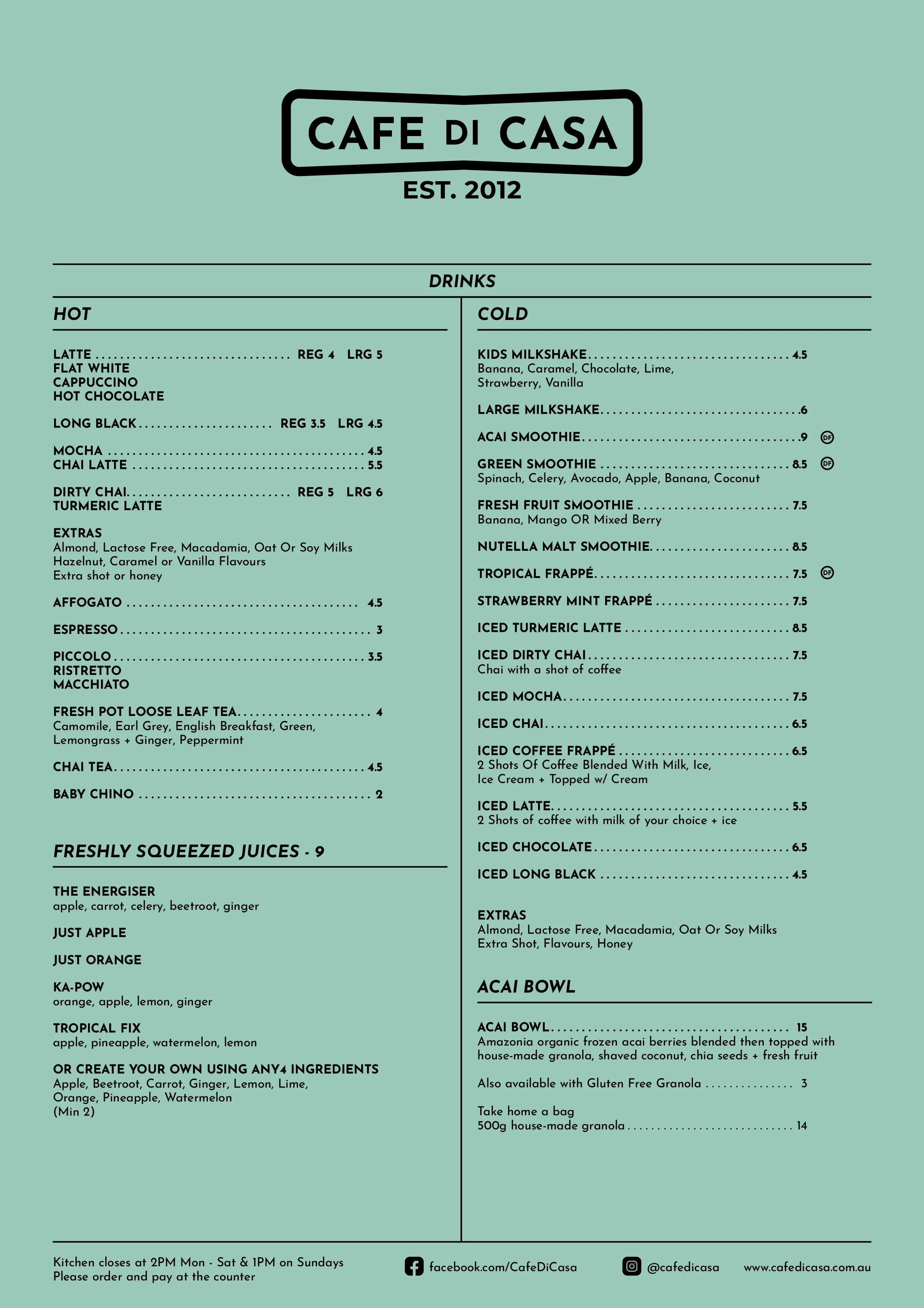 MENU — Cafe Di Casa