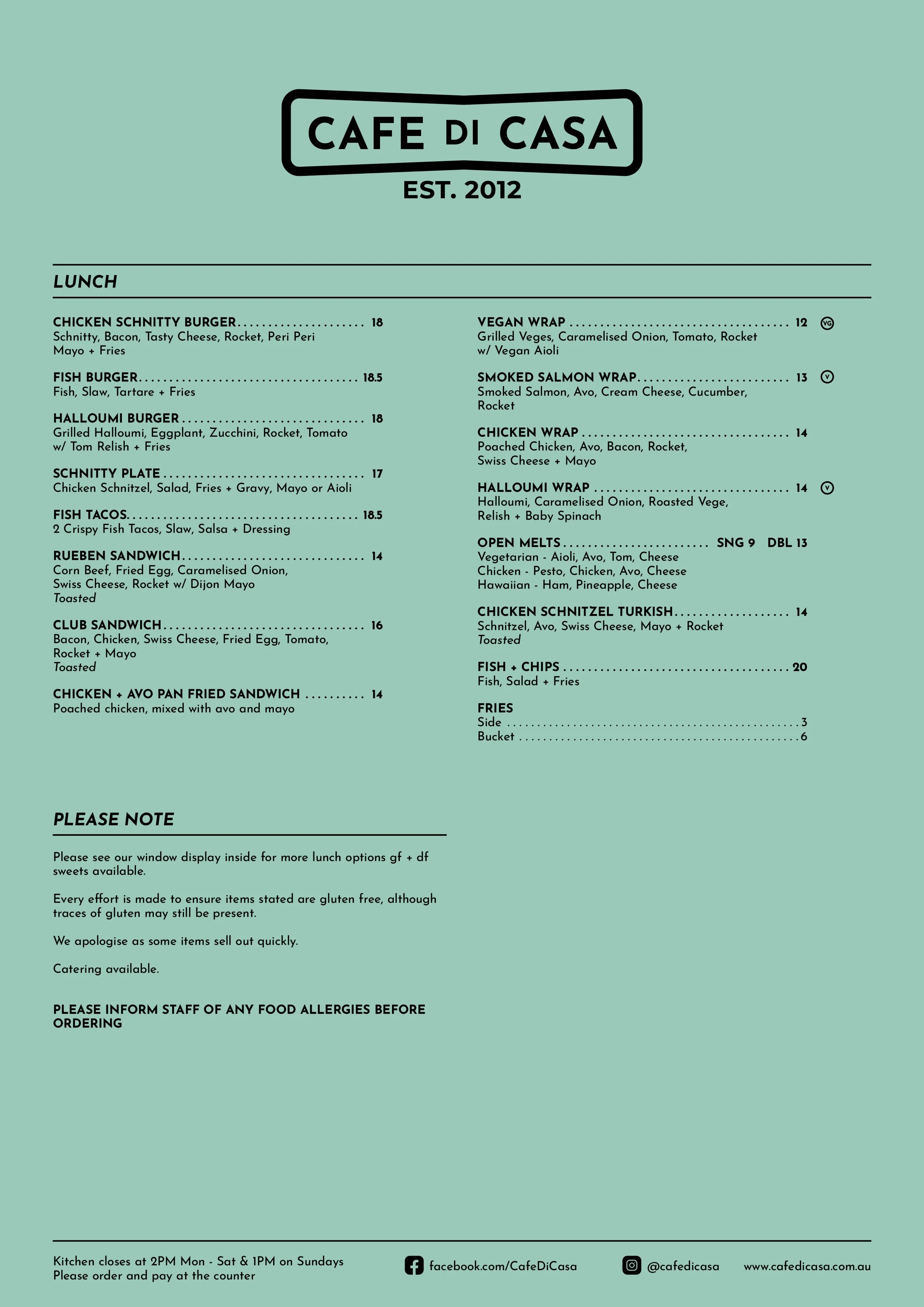 MENU — Cafe Di Casa