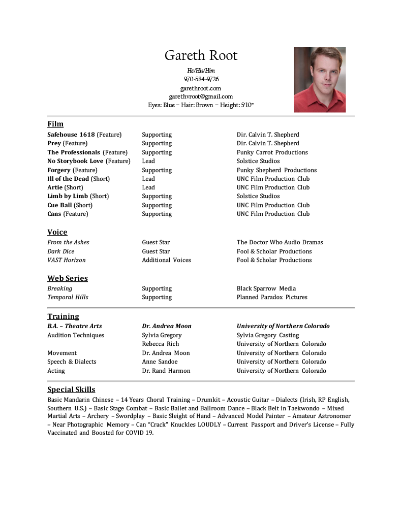 Resume — Gareth Root - Actor, Voice Artist, Writer