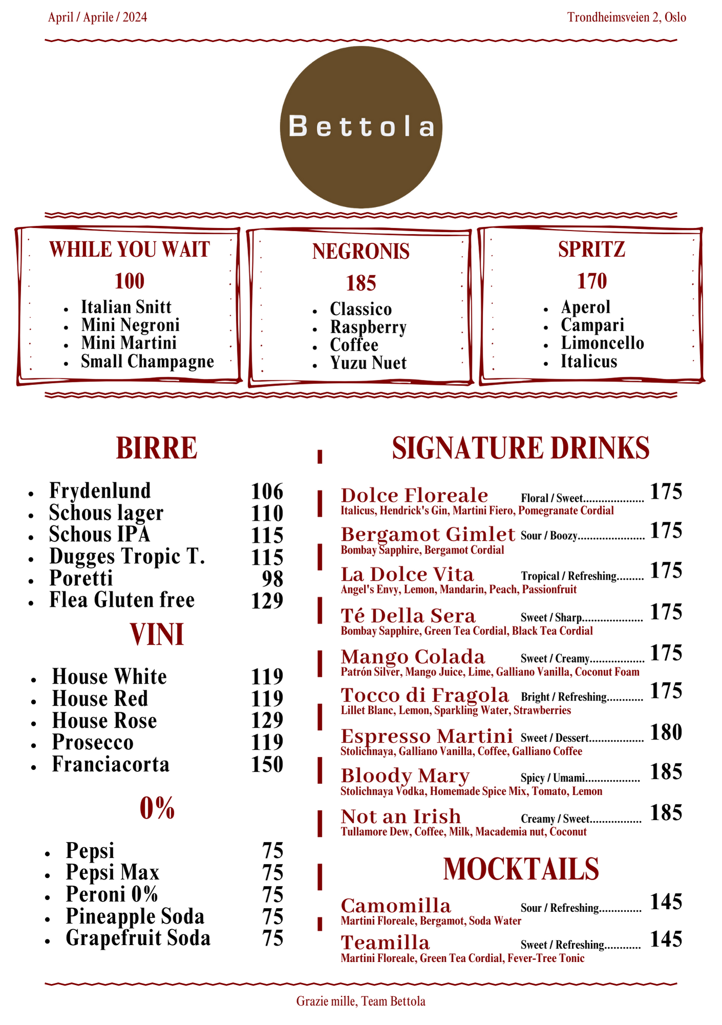 Menu — Bettola