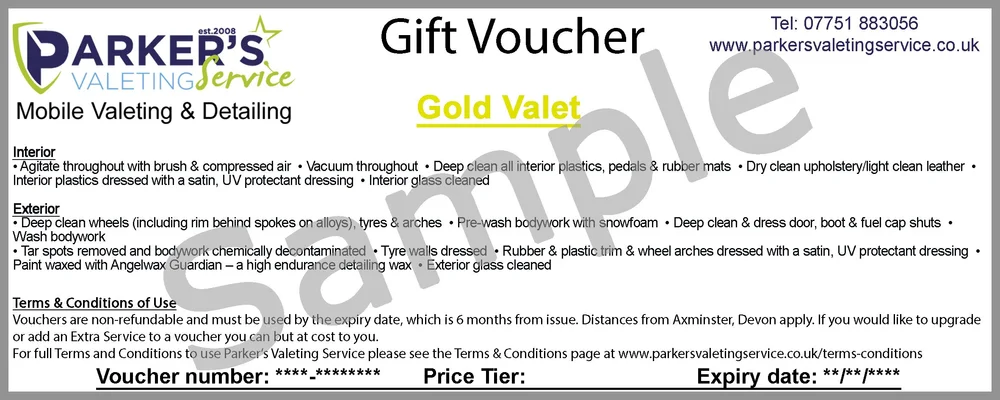 Car valeting and detailing gift vouchers — Parker's Valeting Service