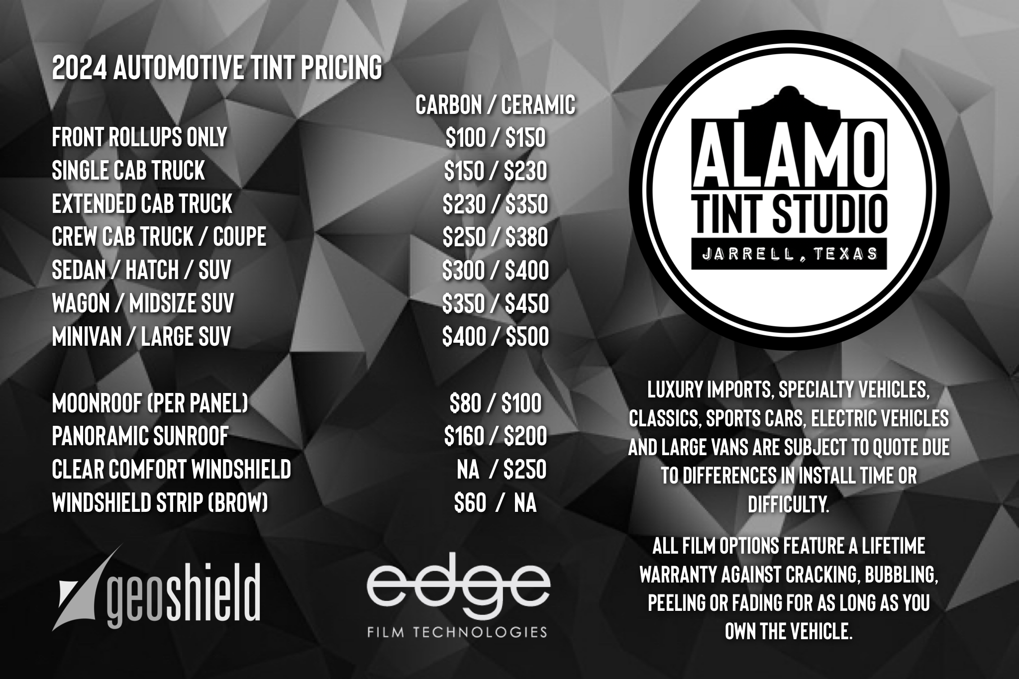 Vehicle Pricing — Alamo Tint Studio
