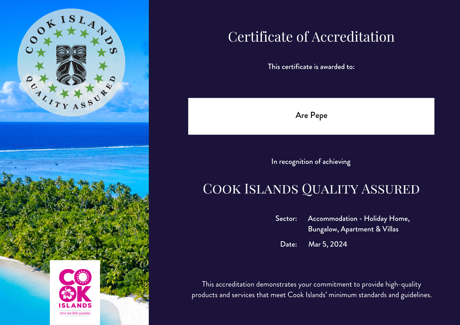 'Are Pepe — Rarotonga Tropical Holidays