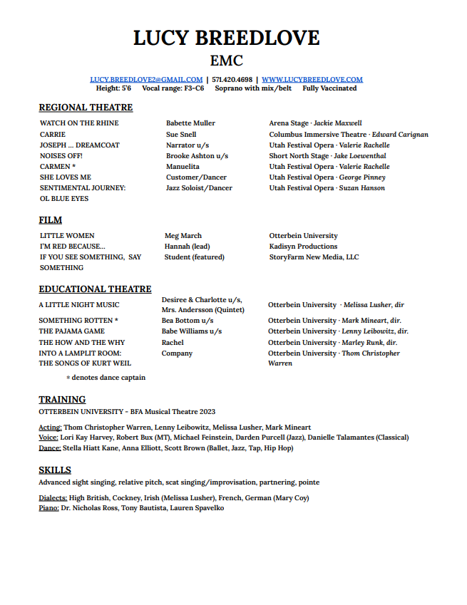 Headshot & Resume — LUCY BREEDLOVE