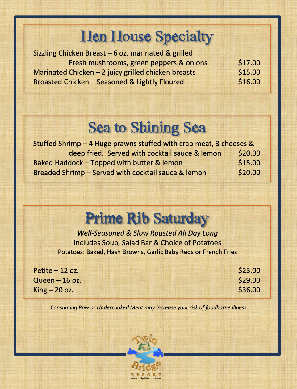 Menu — Twin Bridge Resort