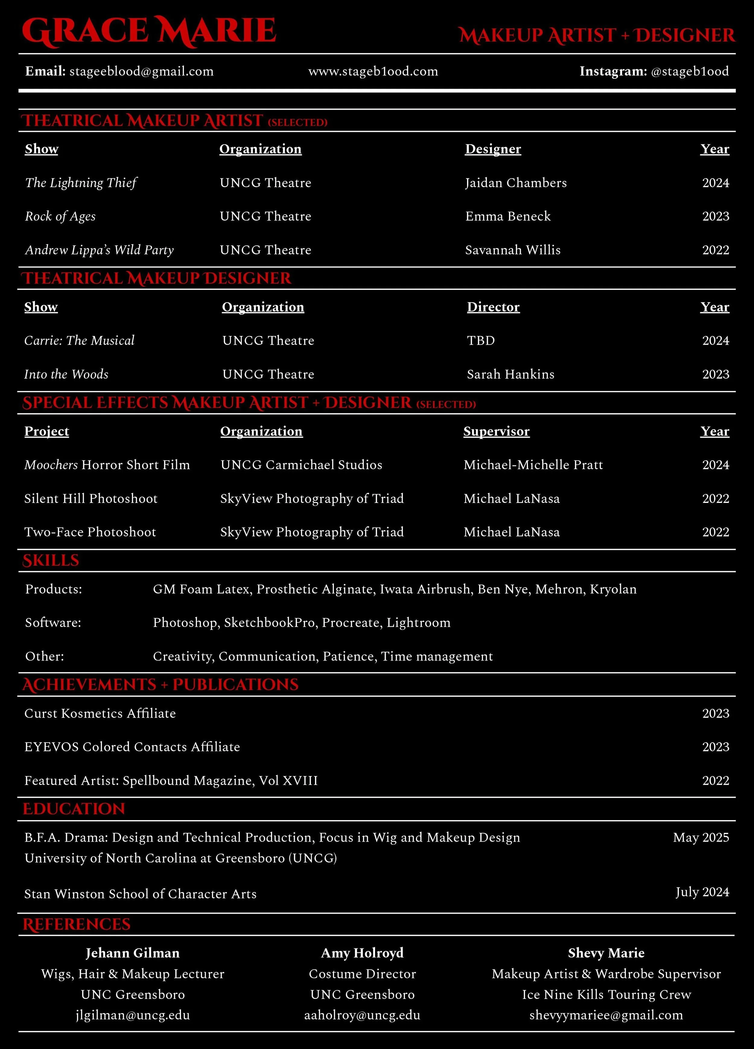 Resume | Grace Marie - SFX Makeup Artist