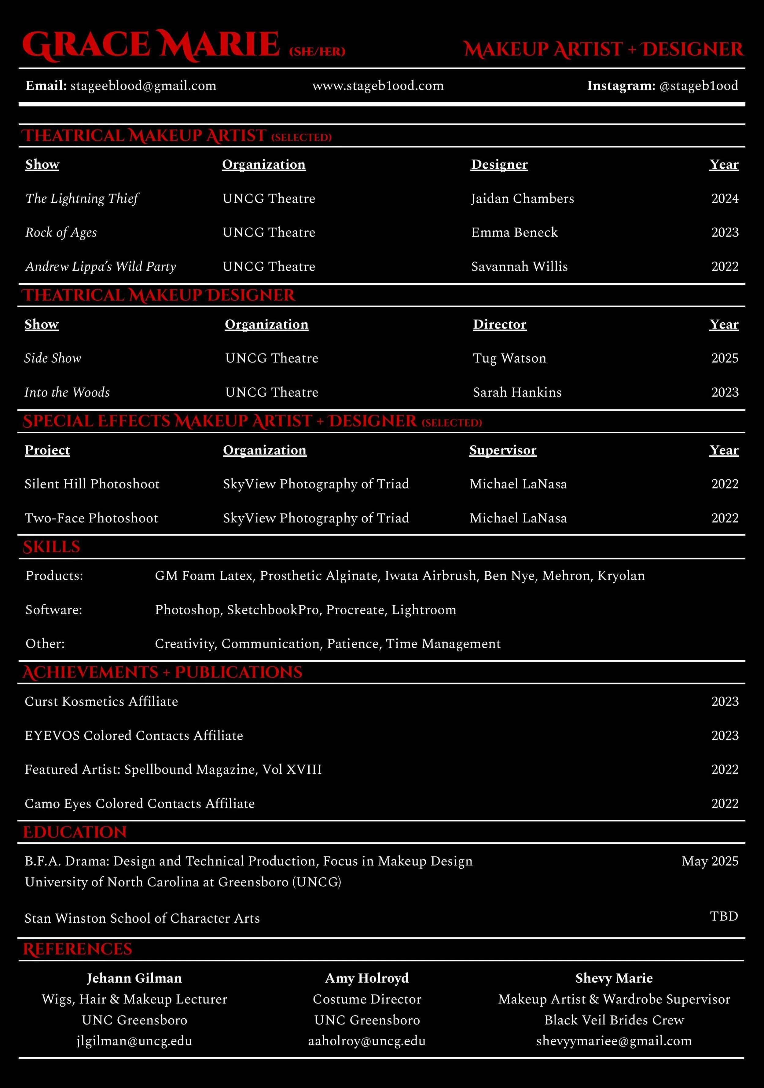 Resume | Grace Marie - SFX Makeup Artist