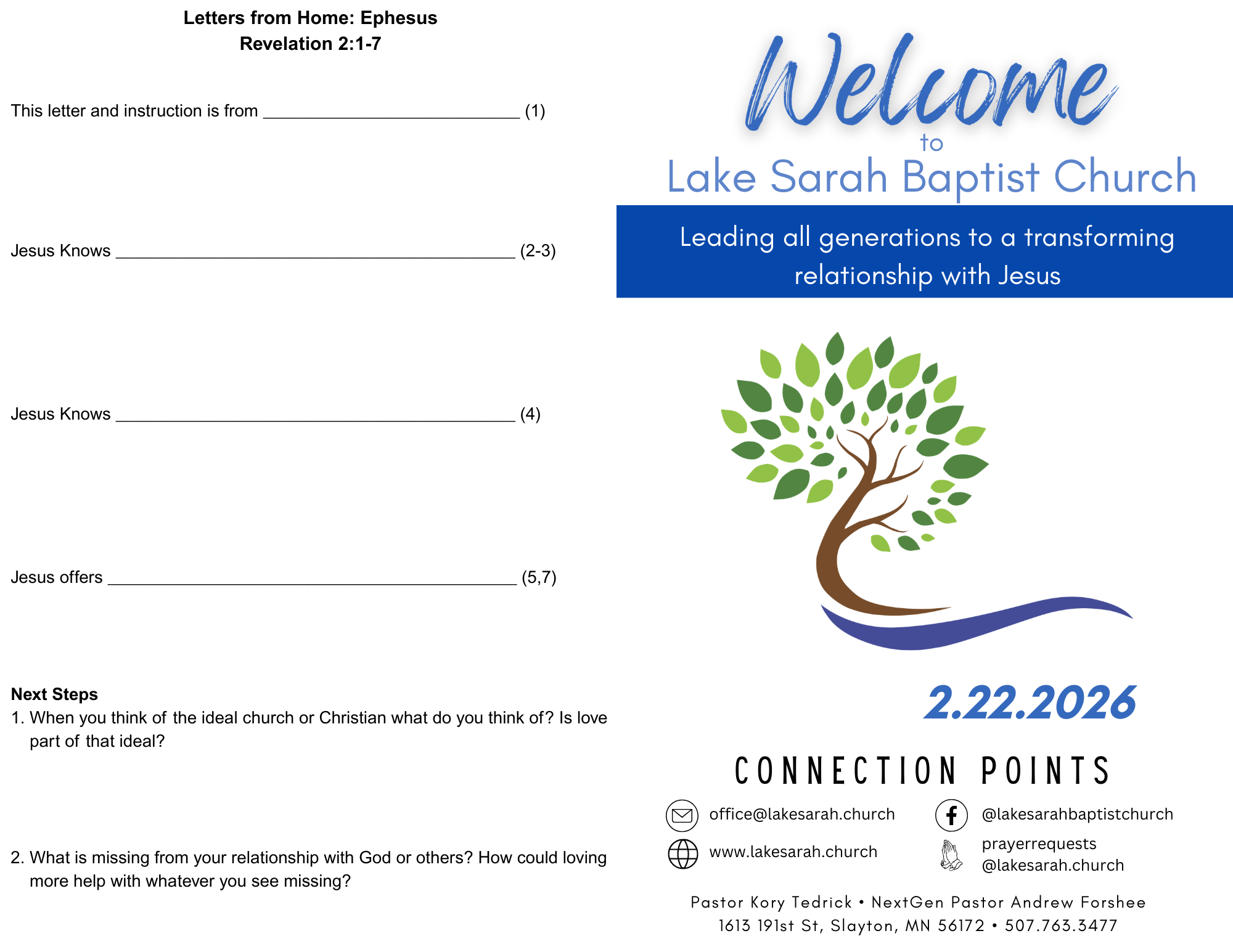 Sunday Bulletin — Lake Sarah Baptist Church