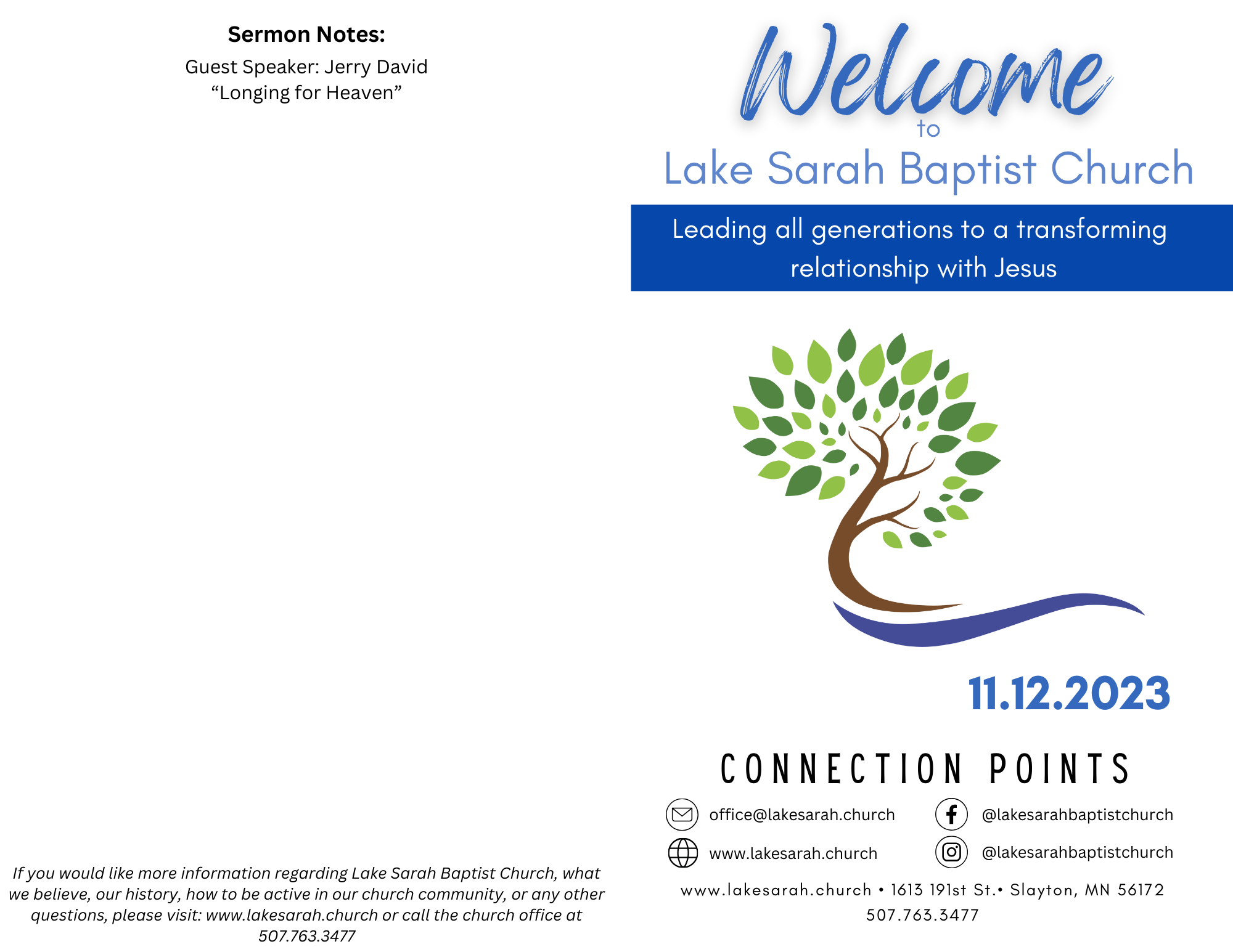 Sunday Bulletin — Lake Sarah Baptist Church