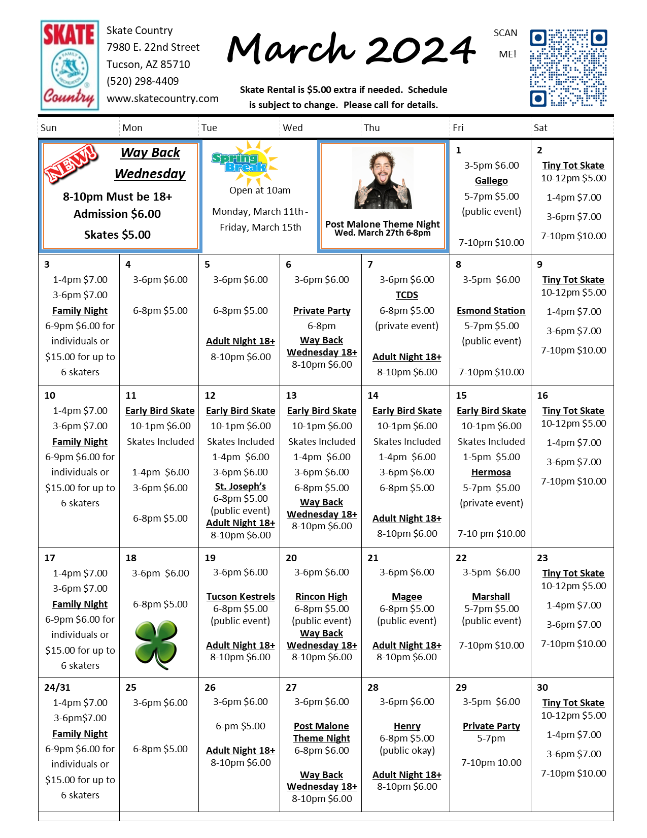 Monthly Calendar — Skate Country