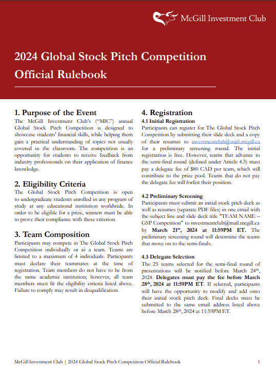 Global Stock Pitch Competition — McGill Investment Club