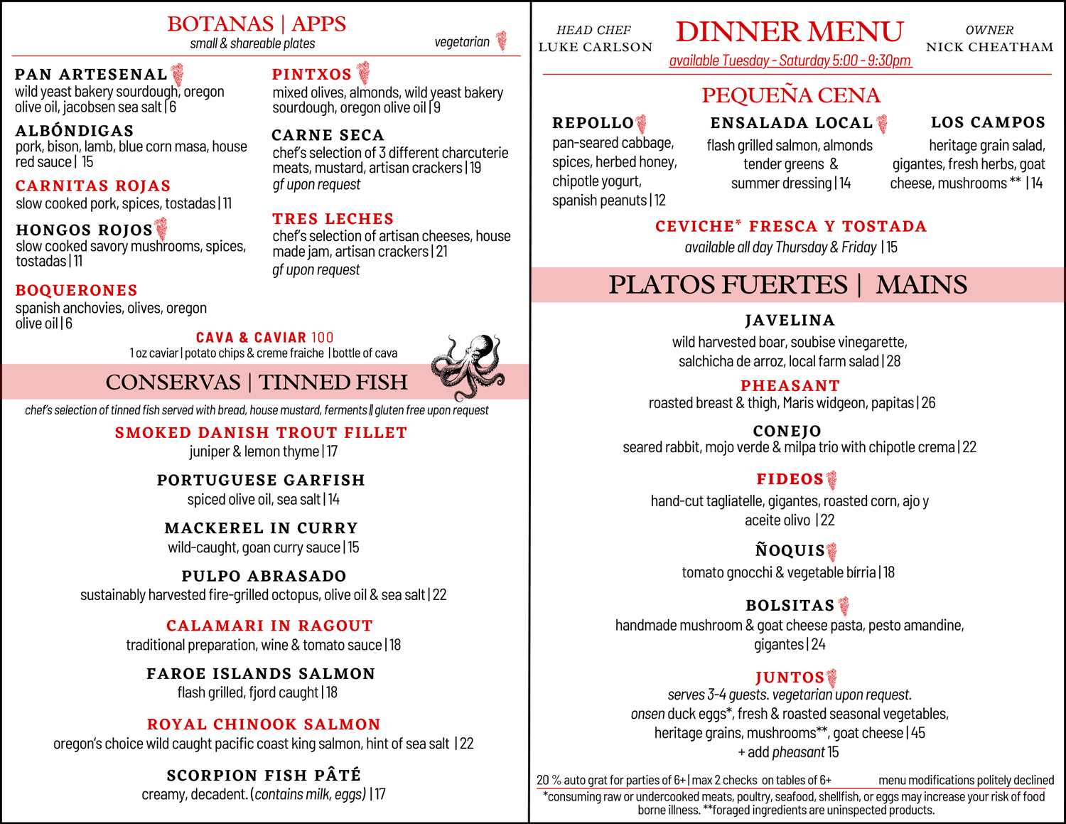 Wine List & Kitchen Menu — Corazón Corvallis