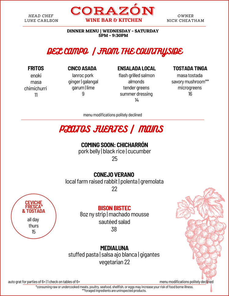 Wine List & Kitchen Menu — Corazón Corvallis