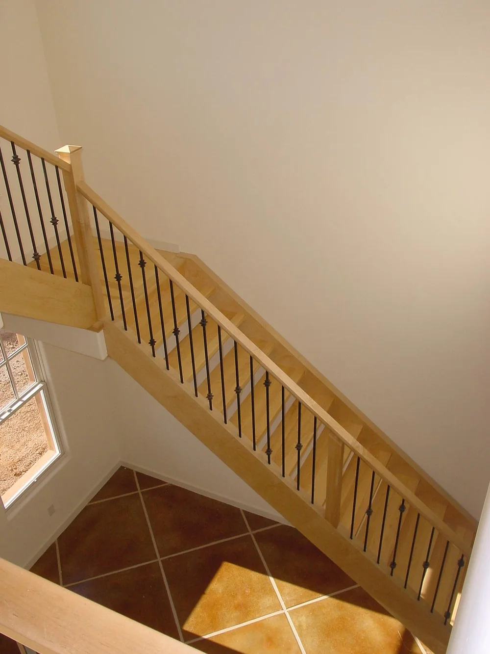Interior stair banister gallery. Maple wood stairs and railings. Open ...