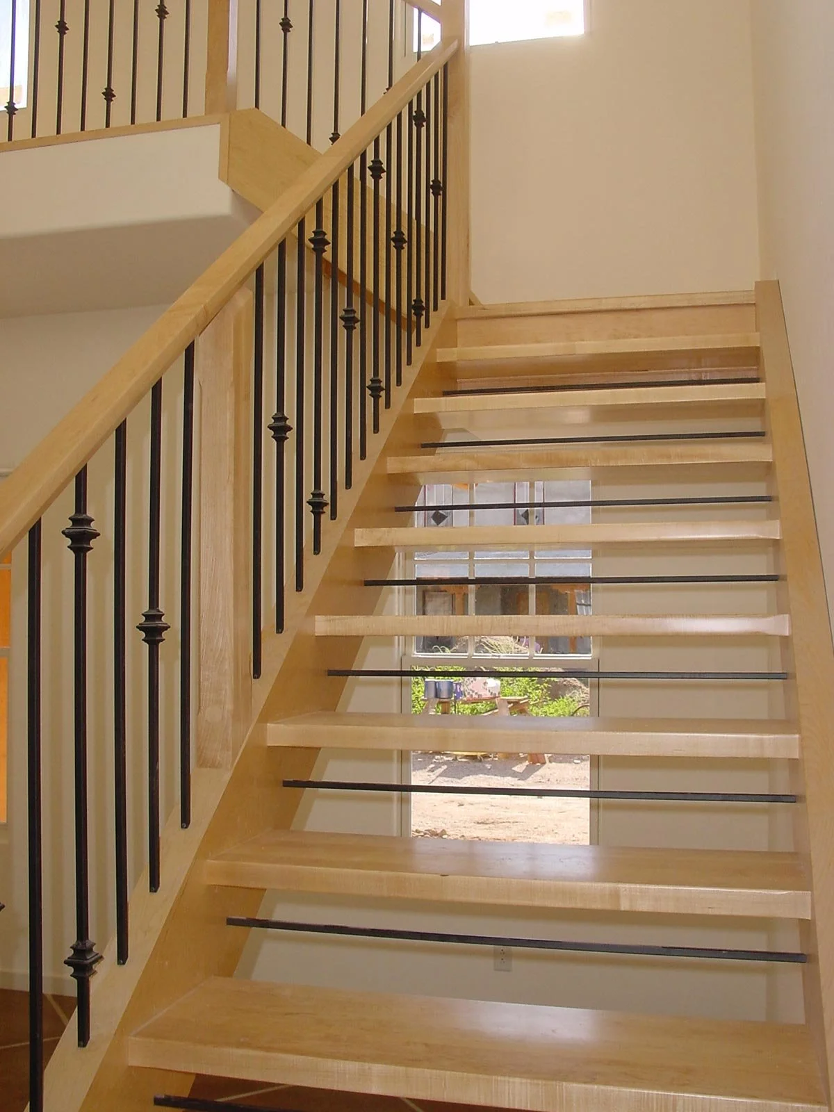 Interior stair banister gallery. Maple wood stairs and railings. Open ...