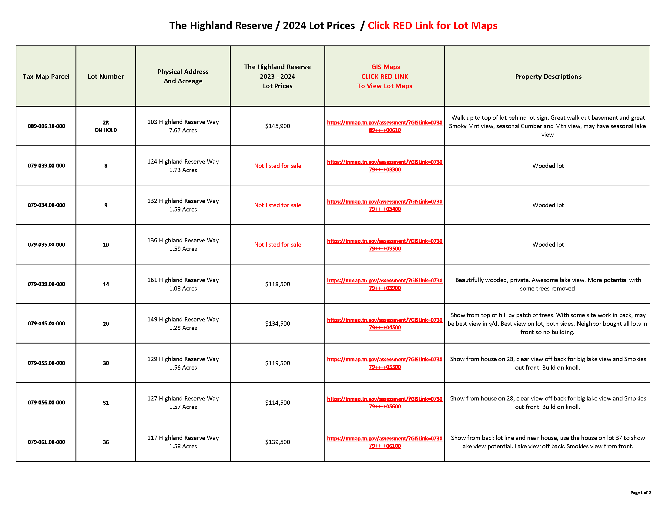 Lots / Prices / Maps — highlandreserve