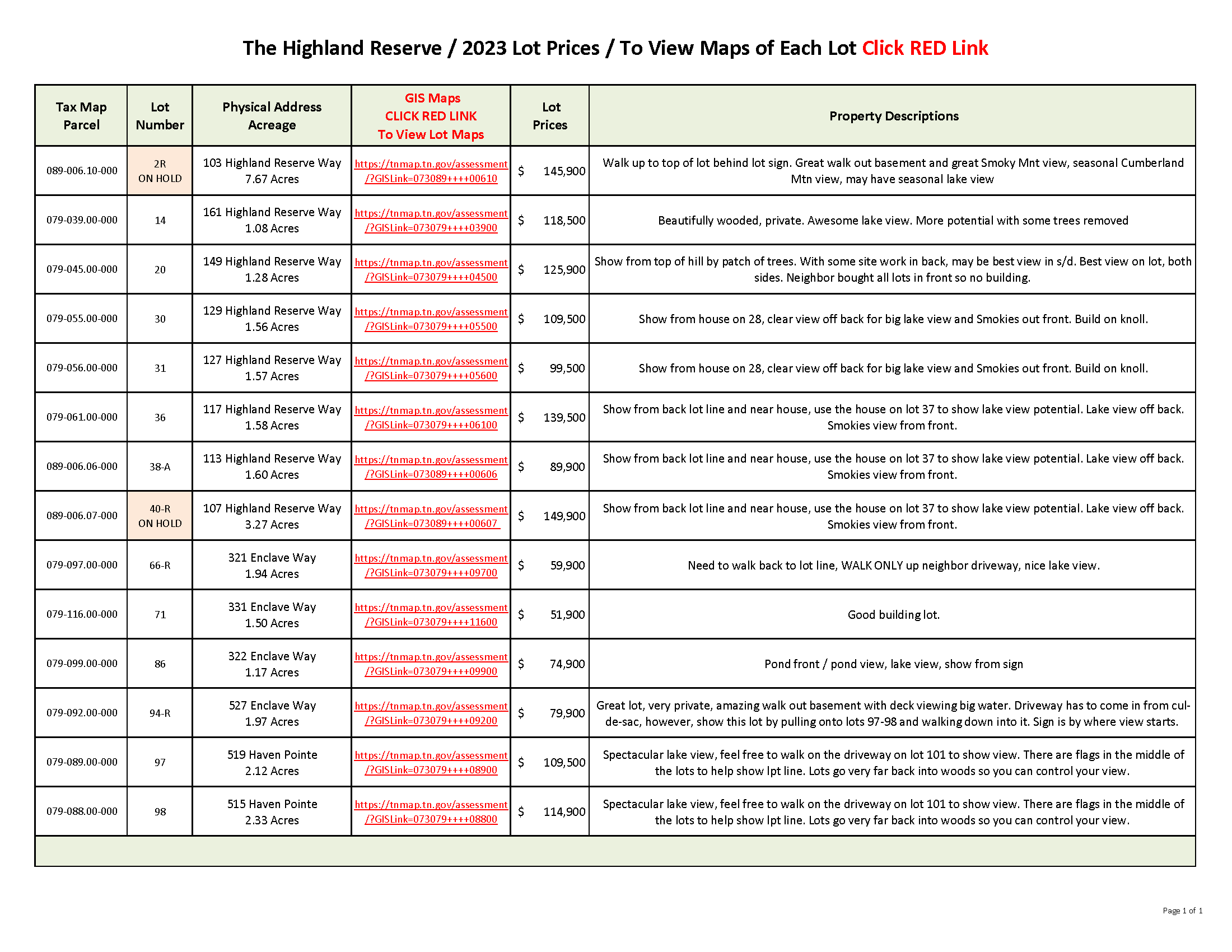 Lots / Prices / Maps — highlandreserve