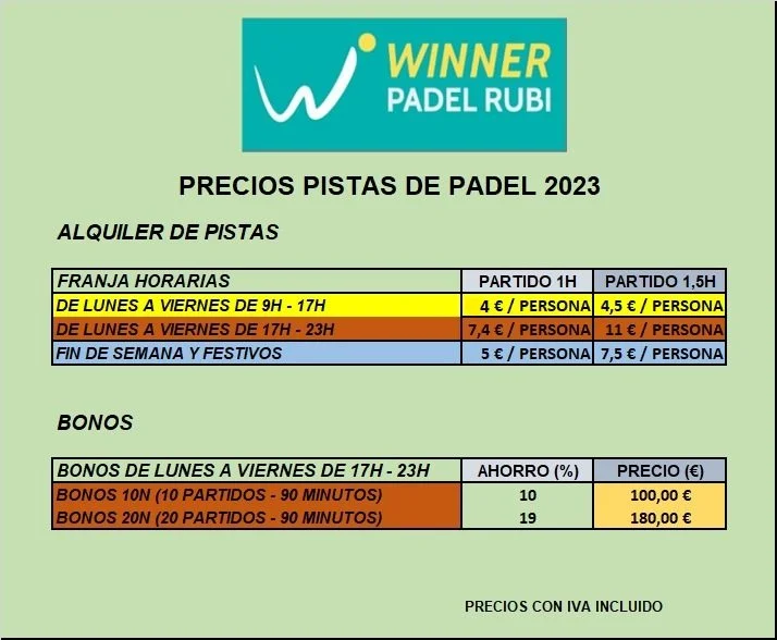 Les tarifes del Winner — Winner Padel Rubi