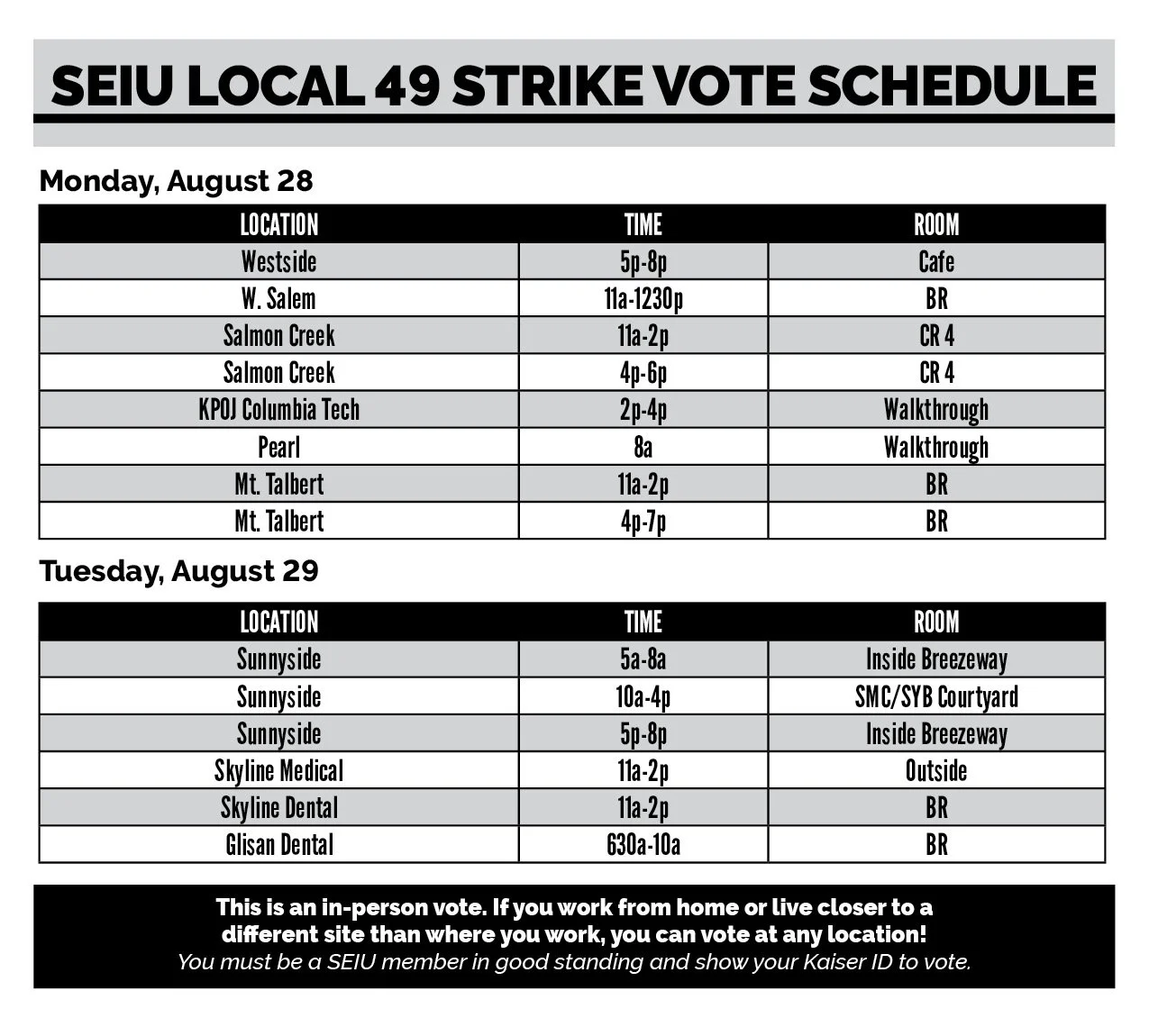SEIU Local 49 Kaiser Strike Vote Schedule — SEIU Local 49