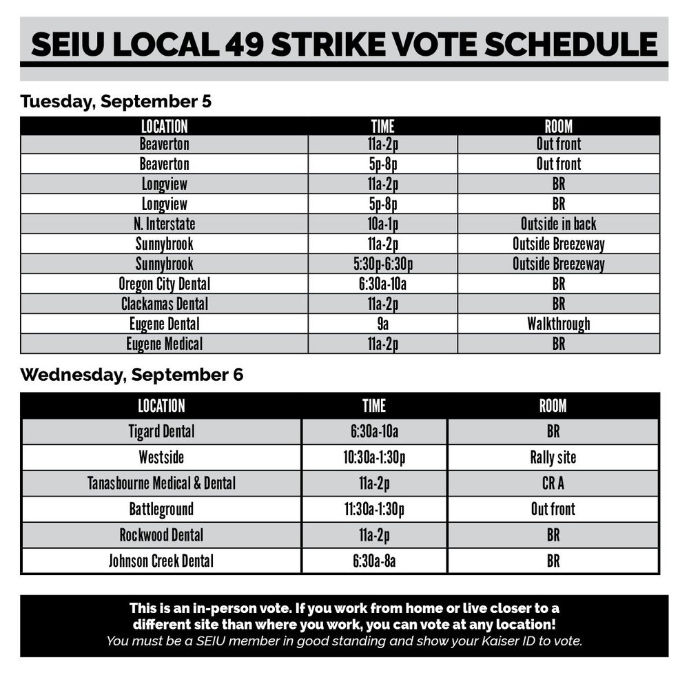 SEIU Local 49 Kaiser Strike Vote Schedule — SEIU Local 49