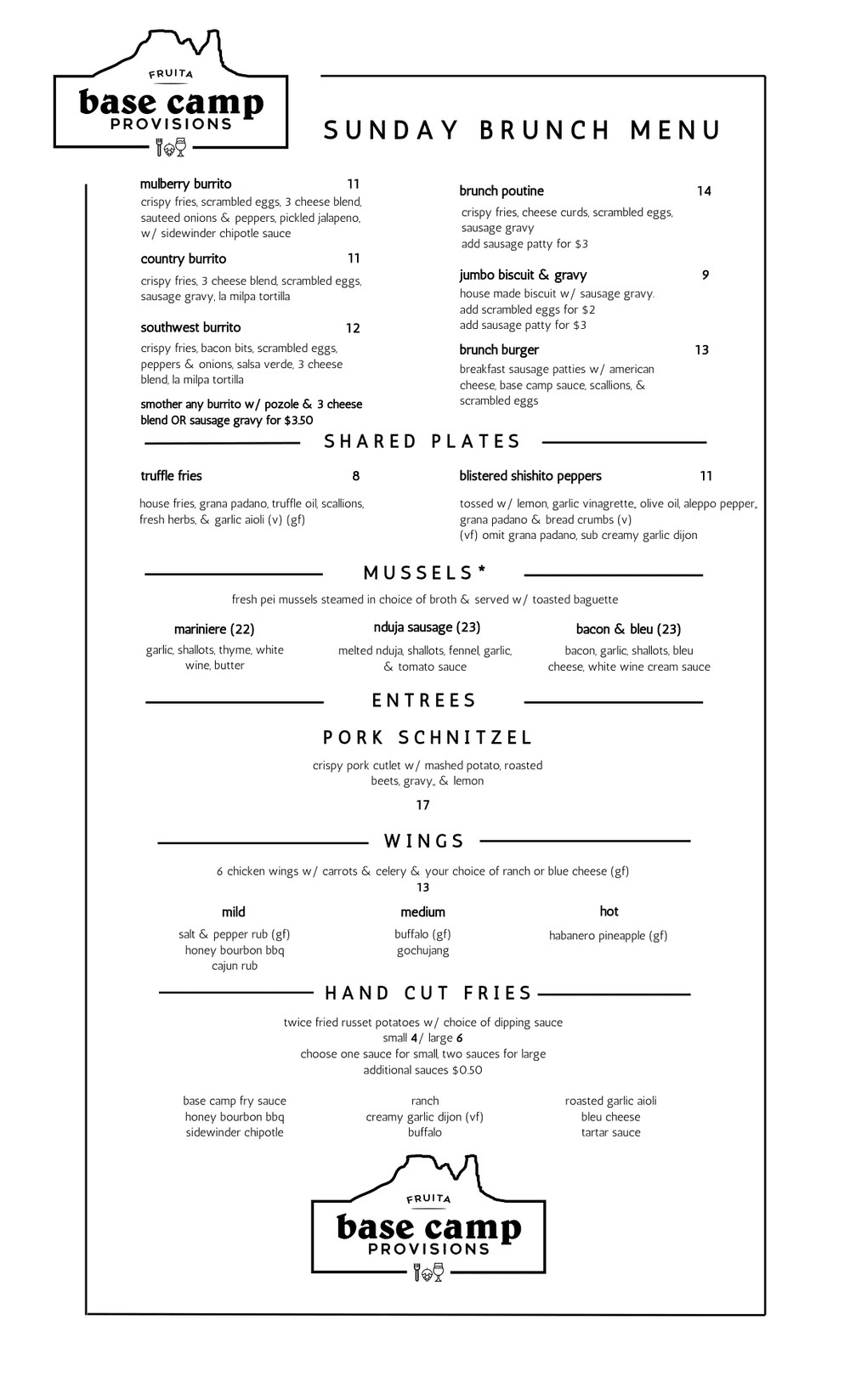 sunday food menu — base camp provisions