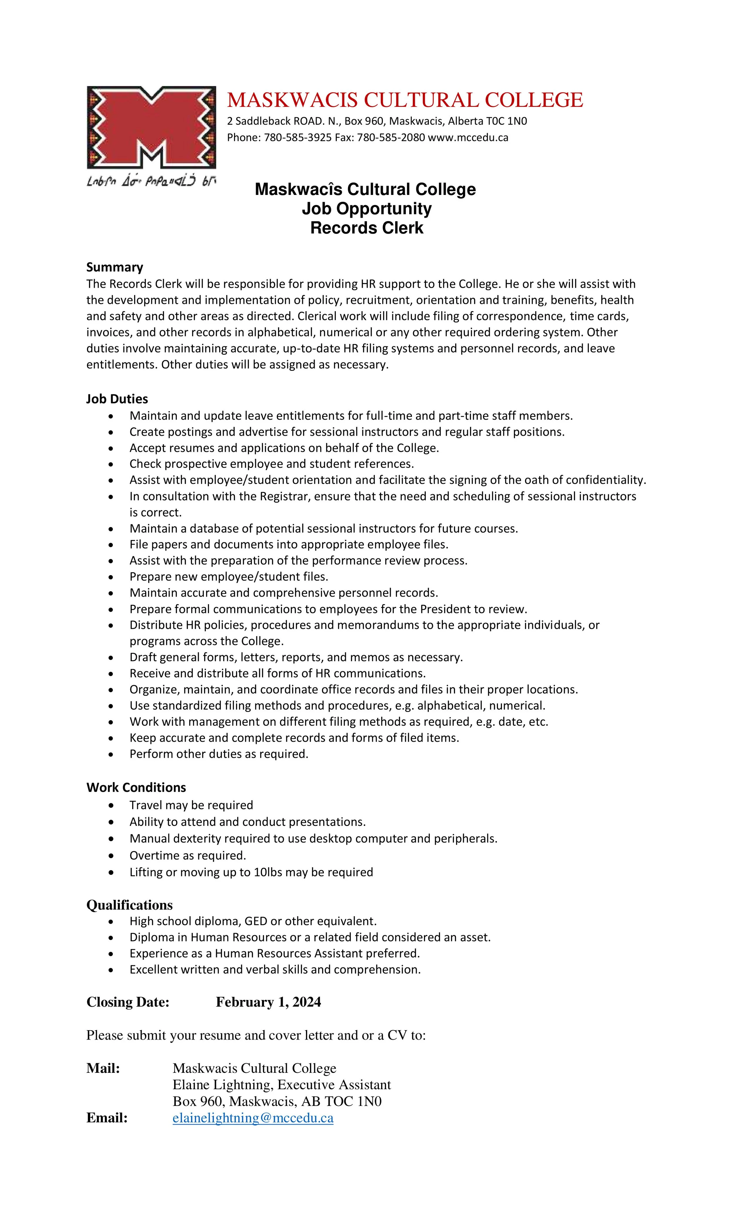 Employment — Maskwacis Cultural College