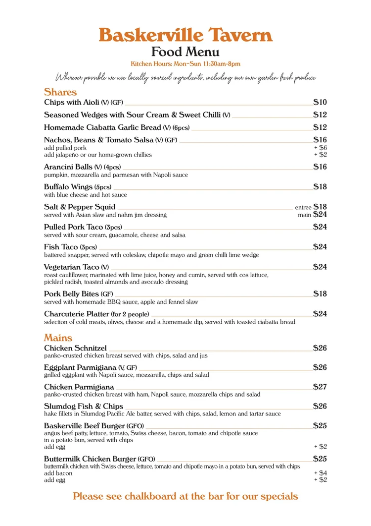 Food Menu Baskerville Tavern — Baskerville Tavern