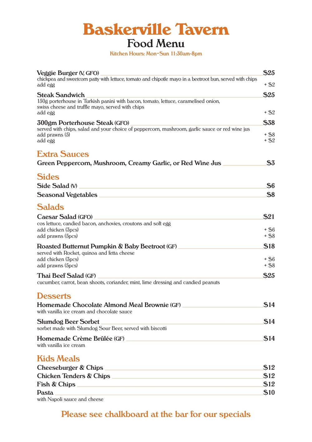 Food Menu Baskerville Tavern — Baskerville Tavern