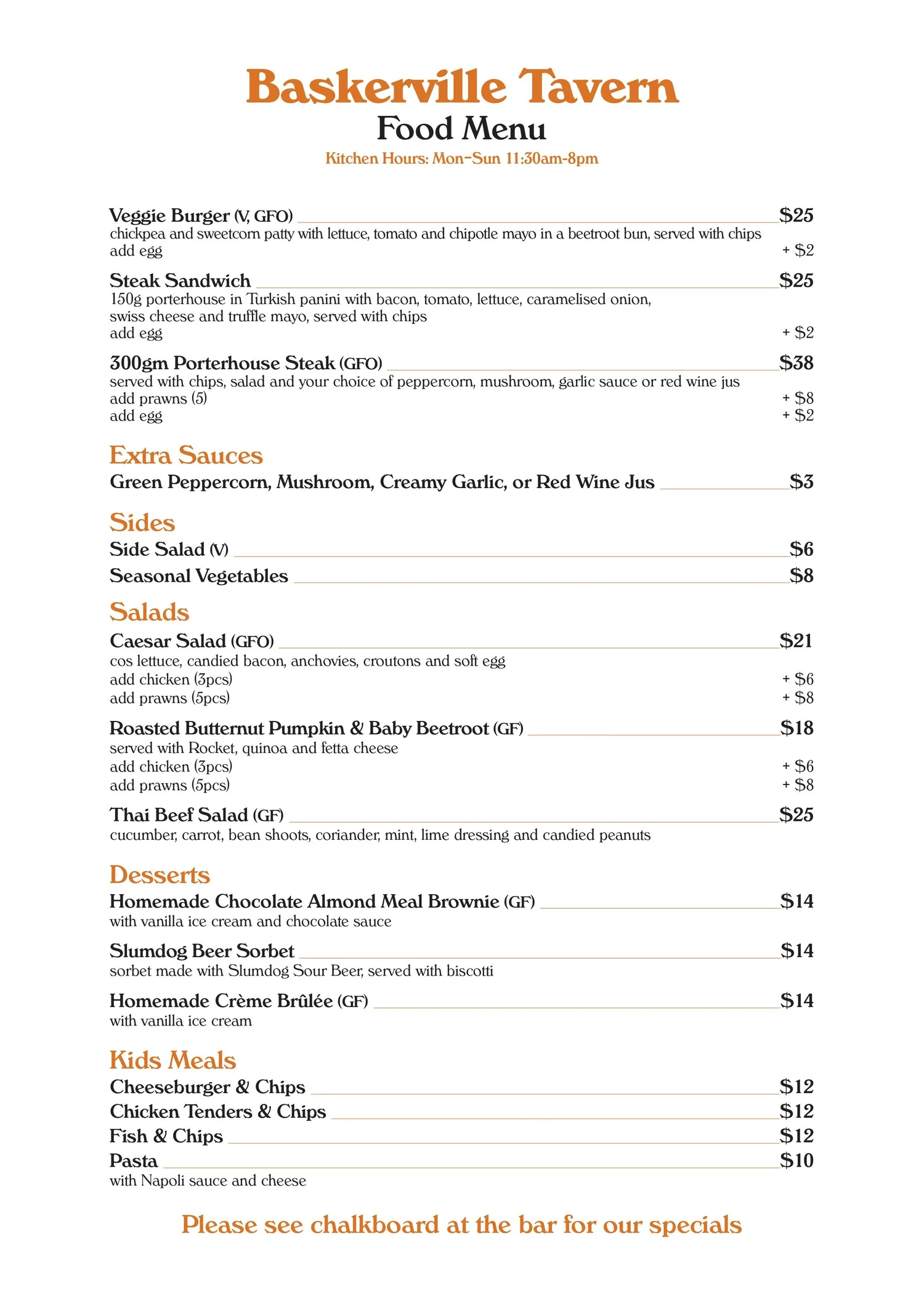 Food Menu Baskerville Tavern — Baskerville Tavern