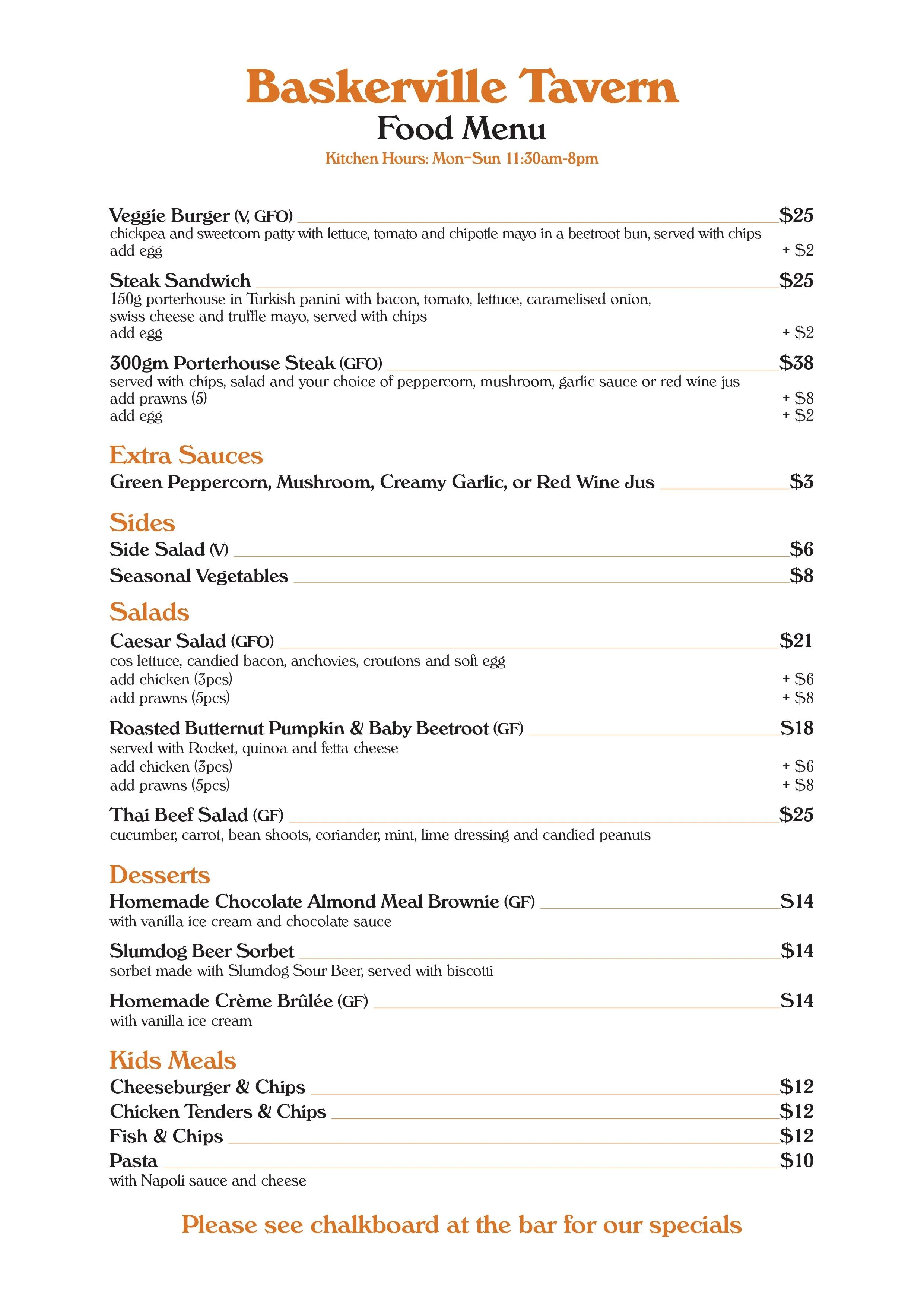 Food Menu Baskerville Tavern — Baskerville Tavern