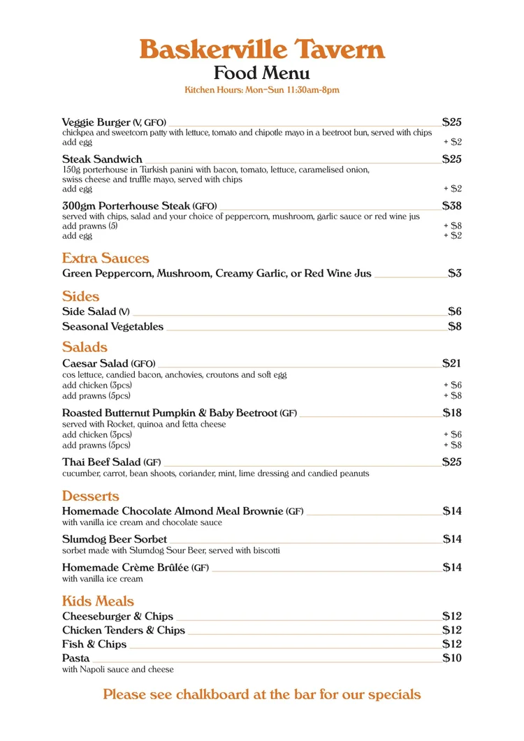 Food Menu Baskerville Tavern — Baskerville Tavern